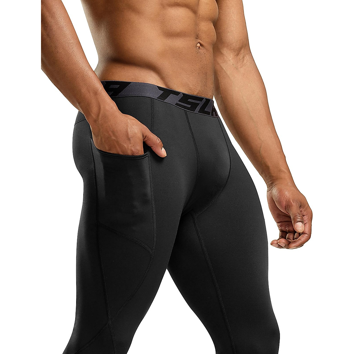 TSLA Men's Thermal Compression Pants, Athletic Sports Leggings & Running Tights, Wintergear Base Layer Bottoms, Pocket Black, Large