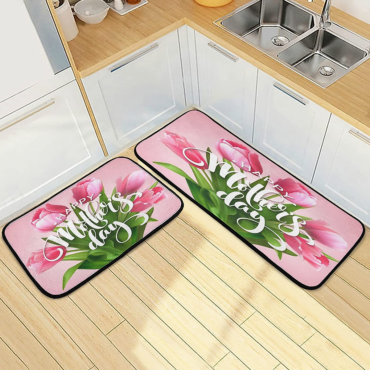 ALAZA Happy Mother's Day Pink Tulip Flower Floral 2 Piece Kitchen Rug Floor Mat Set Runner Rugs Non-Slip for Kitchen Laundry Office 20" x 28" + 20" x 48"