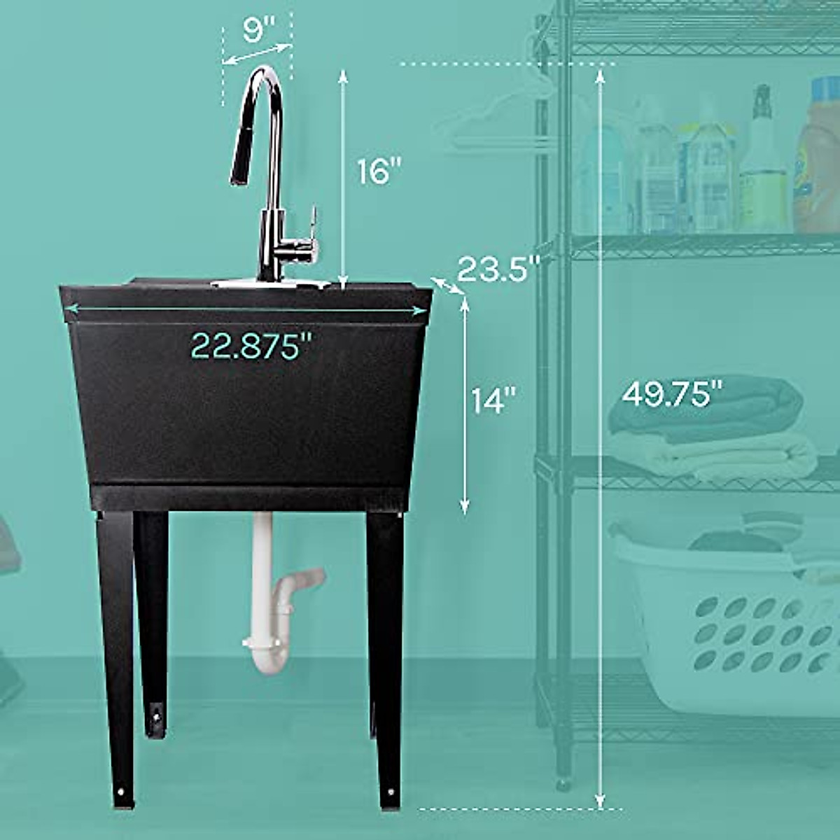 Laundry Sink Utility Tub With High Arc Metal Pull Down Faucet By JS Jackson Supplies Parent (Chrome Faucet, Black Tub)