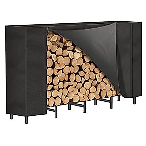 5.3Ft Outdoor Firewood Rack with Cover Wood Log Racks Holders for Fireplace Adjustable Metal Wood Storage Rack Stand Stackers for Fire Wood, Patio, Porches, Waterproof Oxford Fabric Cover, Black