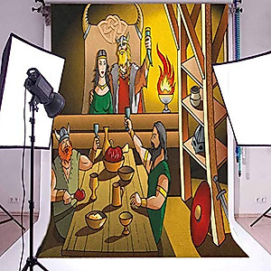 5x7 FT Cartoon Vinyl Photography Backdrop,King and Queen Feasting with Brave Warriors Ancient Scandinavia Medieval Historical Background for Baby Birthday Party Wedding Graduation Home Decoration