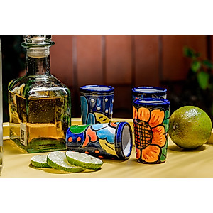 MEXTEQUIL - Talavera Shot Glasses Set of 4 Authentic Mexican Tequila Shot Glasses - Hand-painted - 2 Oz (Flowers)