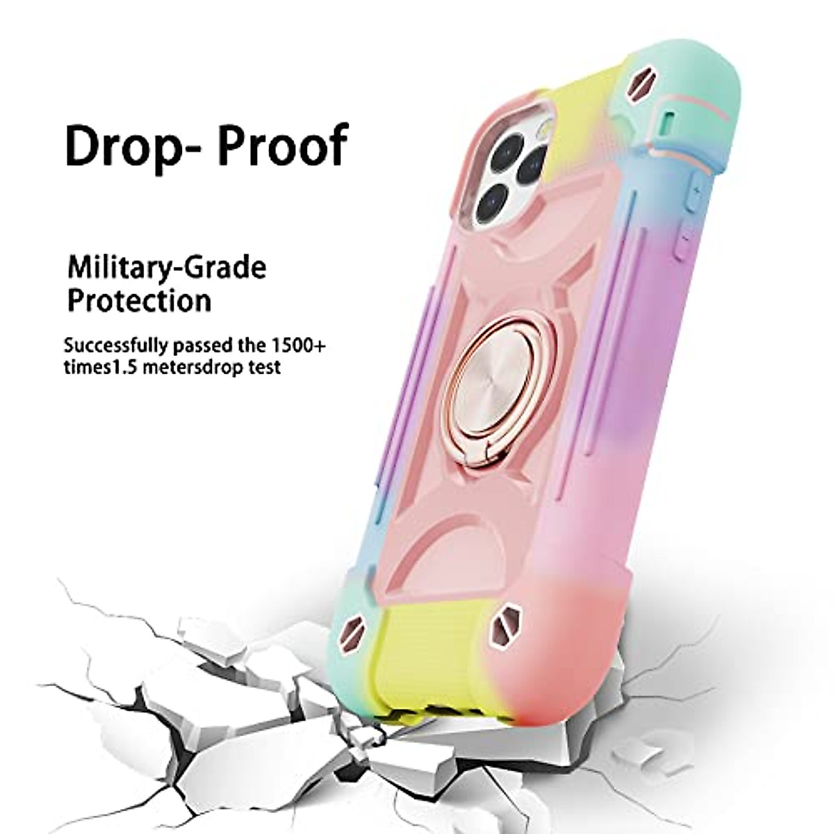 MARKILL Compatible with iPhone 11 Pro Max Case 6.5 Inch with 360°Rotate Ring Stand, Military Grade Drop Protection Full Body Rugged Heavy Duty Case 3 in 1 Protective Durable Cover. (Rainbow Pink)