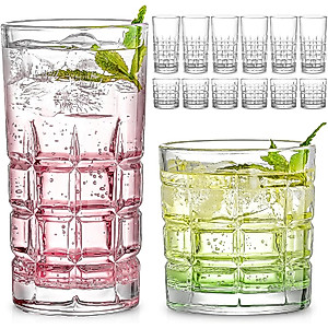 Bulk Drinking Glasses Set of 12, Clear Glass Cups, Mixed Glassware Sets, 15 OZ Large Highball Water Glasses & 11 OZ Rock Glasses, Tumbler Drinkware Kitchen for Cocktail Iced Coffee Beer Tea Whiskey