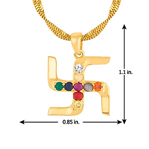 RUDRADIVINE Rudra Divine Navratan Swastik Pendant 24Ct Gold Plated With Real Semi-Precious Gemstone With Gold Plated Chain