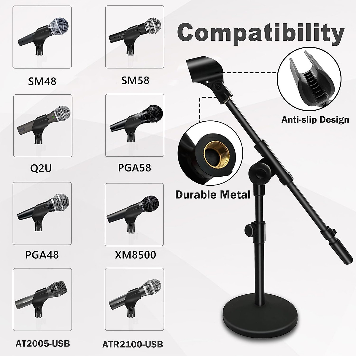 Mictop Adjustable Desktop Mic Stand, Desk Stand Tabletop Table Top Microphone Stand with Mic Clip for Handheld Microphone, Boom Arm, 5/8" Male to 3/8" Female Screw Adapter