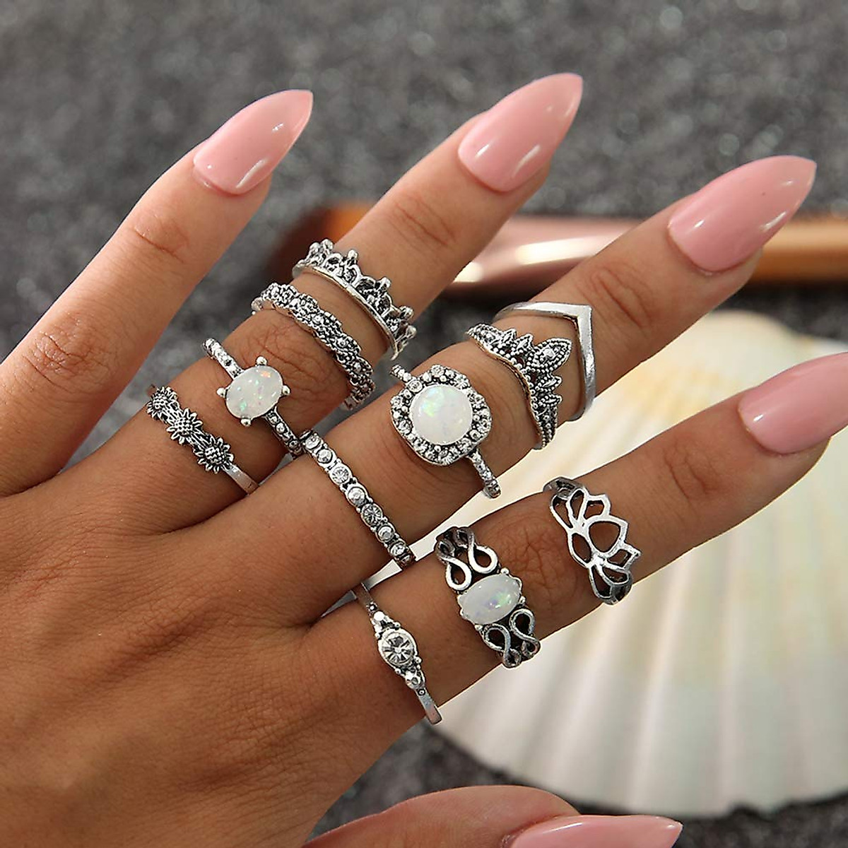 SEniutarm Engagement Love Rings Wedding Bands 11Pcs Women Jewelry Set Faux Opal Rhinestone Knuckle Stacking Joint Rings Band for Women/Girl Finger Rings DIY Jewelry Gifts - Antique Silver