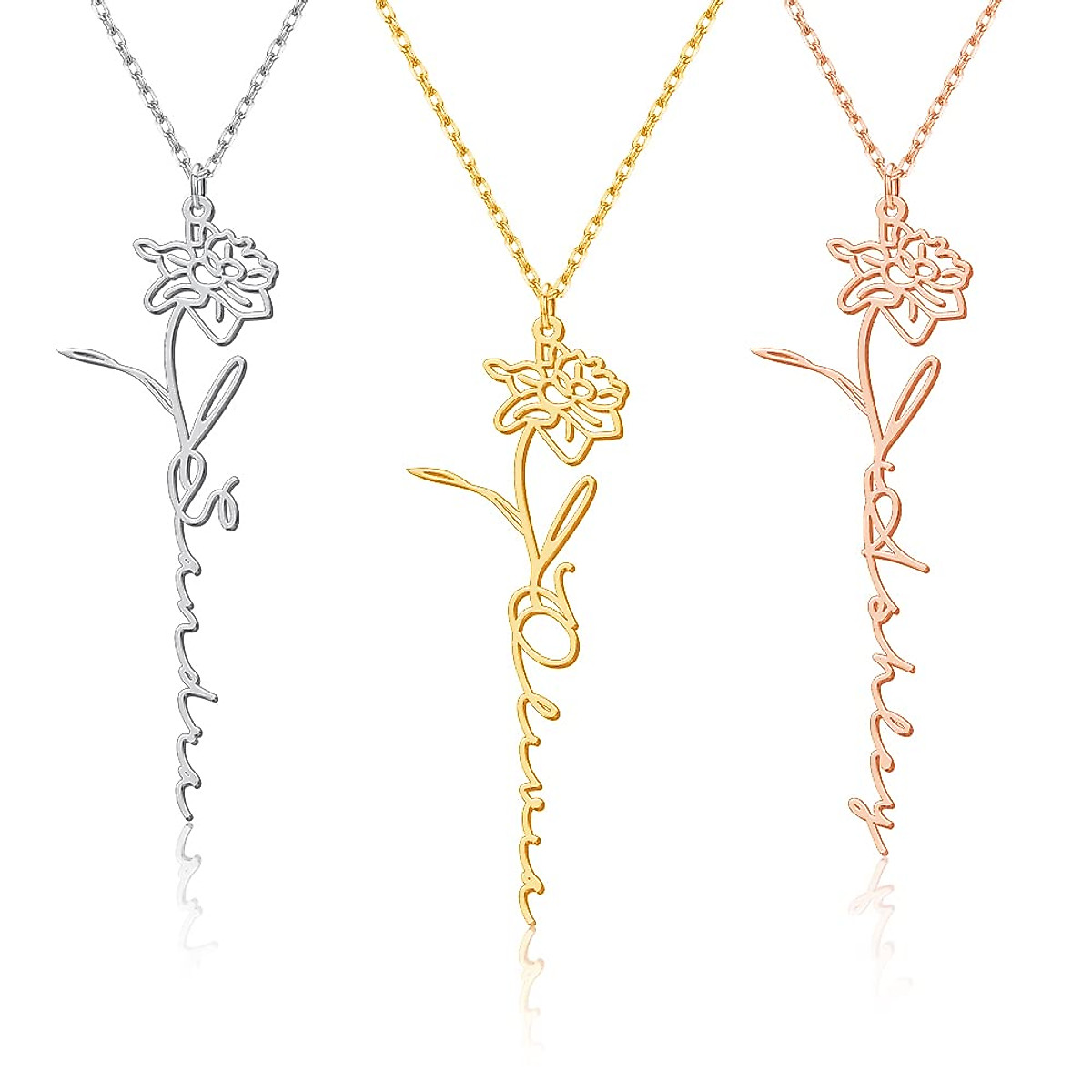 Jecivila Birth Flower Name Necklace Personalized, 18K Gold Plated Custom Name Birth Month Flower Necklace, Customized Floral Jewelry for Women Girlfriend Wife