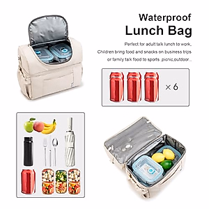NOL Natural Organic Lifestyle Adult Lunch Box Insulated Lunch Bag Large Dual Compartment Lunch Bag Coolers Lightweight Nylon Waterproof Lunch Box for Work, Picnic, Travel, Outdoors, Cream