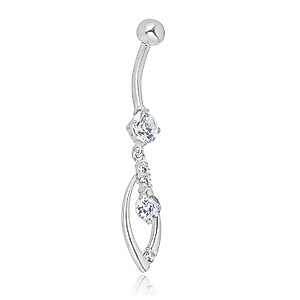 AVORA 10K White Gold Simulated Diamond CZ Dangling Fancy Teardrop Belly Button Ring Body Jewelry (14 Gauge)
