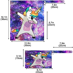visesunny Fun Unicorn Galaxy Night Print 2Pcs Wet Bag with Zippered Pockets Washable Reusable Roomy for Travel,Beach,Pool,Daycare,Stroller,Diapers,Dirty Gym Clothes, Wet Swimsuits, Toiletries