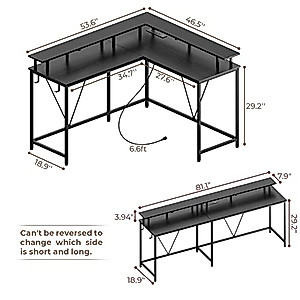 Huuger L Shaped Gaming Desk with LED Lights & Power Outlets, Computer Desk with Monitor Stand & Hooks, Home Office Desk, Corner Gaming Desk, Black