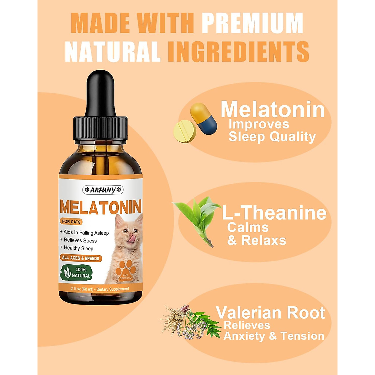 Cat Melatonin | 60ML Melatonin for Cats Supports Falling Asleep | Cat Melatonin Drop | Cat Sleep Aid | Cat Calming | Cat Anxiety Relief | Stress Relief for Cats | 2 fl oz, Roast Chicken Flavor