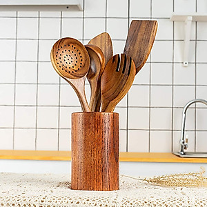 Wooden Kitchen Utensil Holder, 5.8 x 3.7 Inch, Natural Acacia Wood Cooking Utensil Holder for Countertop, Utensil Crock Organizer for Spoons Spatula Spurtles Skimmer Cooking Tools Straws