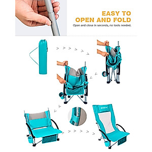 KingCamp Folding Beach Chair High Back Lightweight Portable Backpack Chair with Headrest, Cup Holder for Camping Outdoor Sand Concert Lawn Festival Sports, Cyan