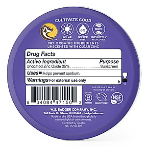 Badger Biodegradable Reef Safe Sunscreen, SPF 50 Mineral Sunscreen, 98% Organic Sunscreen Ingredients, Unscented, Water Resistant Adventure Sport Sun Cream, Travel Size Sunscreen 2.4 oz Tin