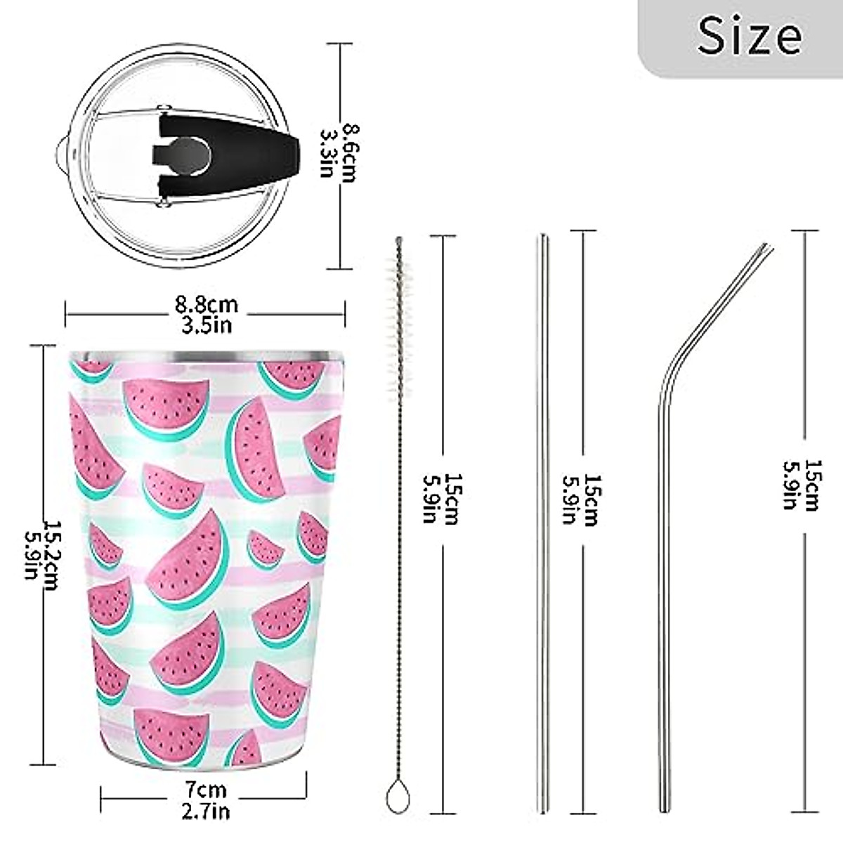 Jihqo Watercolor Striped Watermelon Tumbler with Lid and Straw, Insulated Stainless Steel Tumbler Cup, Double Walled Travel Coffee Mug Thermal Vacuum Cups for Hot & Cold Drinks 12oz