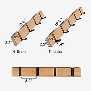 KYSMOTIC Coat Rack Wall Mounted, Modern Coat Hooks Wall Mounted with Folding Hooks, Space-Saving Coat Hanger for Coats, Purses, Key – Wooden 4 Hooks