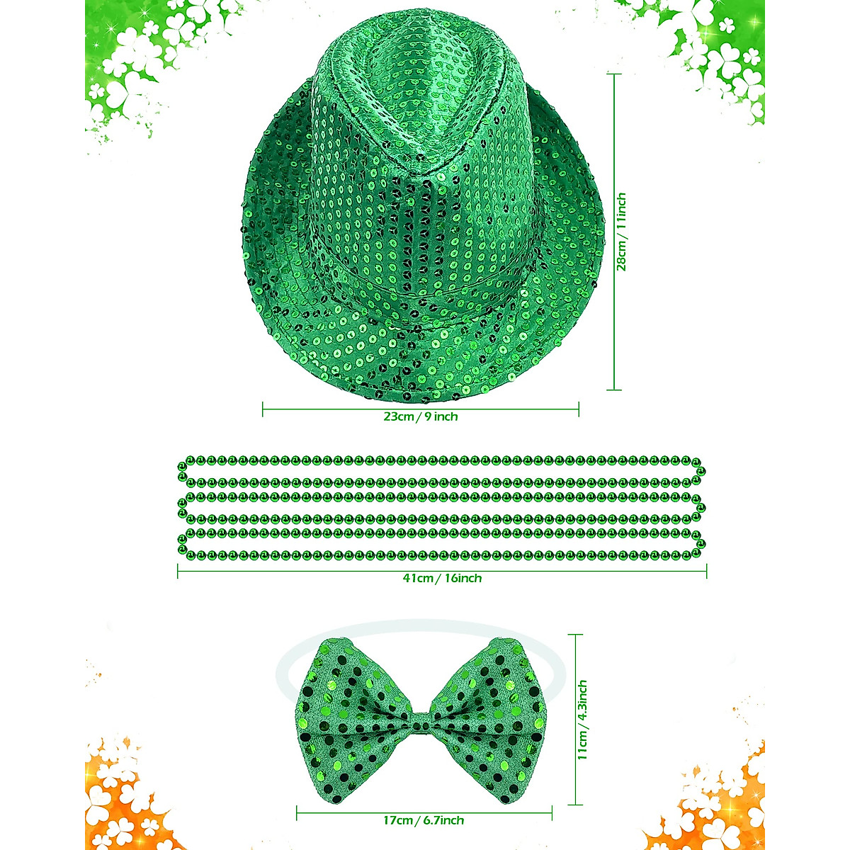 St Patrick's Day Fedora Hat Green Sequin Irish Hat for Men Women Paddy's Day Fancy Cap Western Fashion Sequin Bow Tie and 3 Green Beads