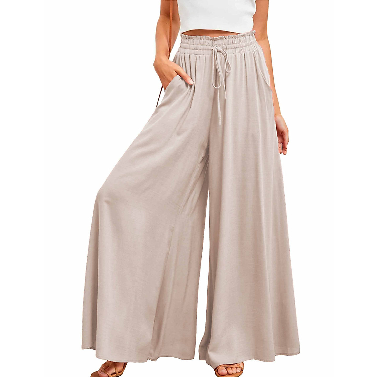 Wanzetaly Women's 2023 Fashion Casual Wide Leg Pants Elastic High Waisted Palazzo Pants with Pockets(0084-Apricot-XL)