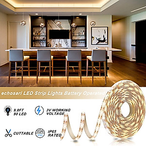 echosari Battery Powered Led Strip Lights with Remote Warm White, 8 Modes, Dimmable, Timer, Self-Adhesive, Cuttable, Waterproof, 9.8FT 90Led Strip Lights for TV Kitchen Cupboard Bedroom Decor