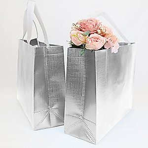 HUANN 12 Pcs Silver Gift Bags Large Wedding Gift Bags with Handle Glossy Reusable Gift Bags Shine Non-Woven Gift Bags for Wedding Christmas Party, 13 x 5 x 11 Inch