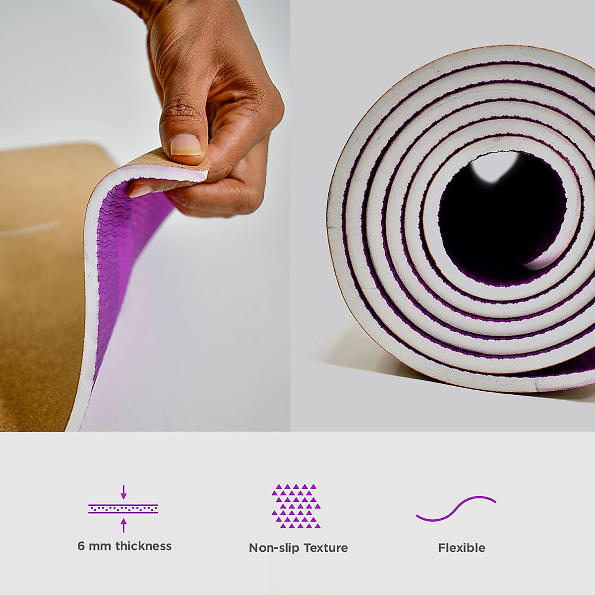 WISYTOWN Yoga Cork Mat Ecofriendly: Beautiful Organic Yoga Mat Extra Long and Wide. Anti slip yoga mat,Fitness mats,Hot Yoga 72"x24"x6mm