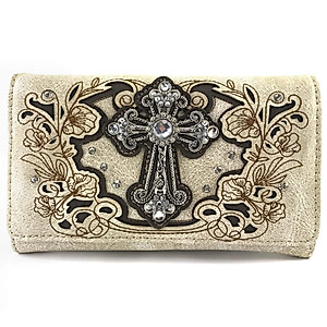 Zelris Western Floral Blossom Cross Women Crossbody Wrist Trifold Wallet (Purple)