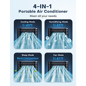 CENSTECH 4-IN-1 Portable Air Conditioners, Evaporative Air Cooler w/4 Modes & 3 Speeds, 15H Timer for Smart Auto-off, 2-Gal Tank for 20H Cooling,17FT Remote,No Hose Needed,120°Oscillating Swamp Cooler