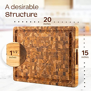 Yes4All Solid Teak Cutting Boards for Kitchen, [20''L x 15''W x 1.5” Thick] Large End Grain Butcher Block Cutting Board, Food Safe Surface Wood Cutting Boards with Juice Grooves and Easy Grip Handle