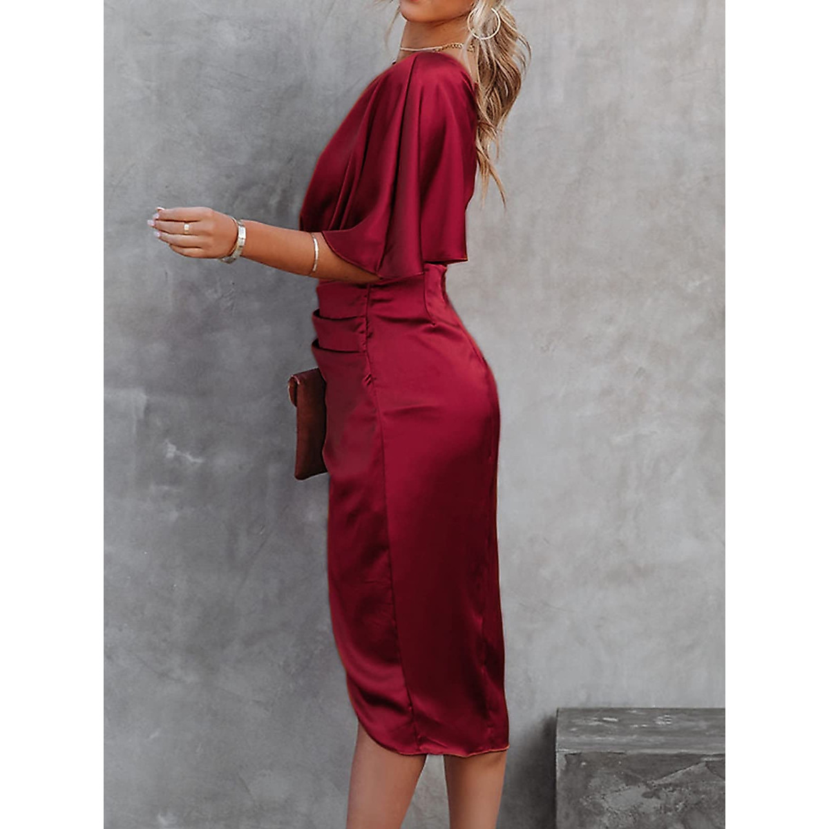 CUPSHE Women Satin Cocktail Party Dress Backless One Shoulder Flared Sleeves Tea Length Anomalistic Hem Solid Bodycon Dress with Zipper Burgundy Red M
