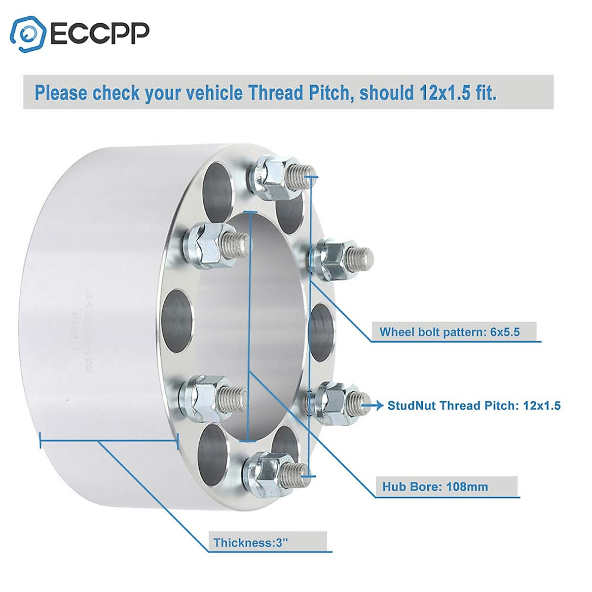 ECCPP 2PCS 6 Lug 3" inch Wheel Spacers 6x5.5 to 6x5.5 12x1.5 108mm Silver Compatible with for TACOMA 2005-2022 for TUNDRA 2000-2006 for 4RUNNER 1988-2022
