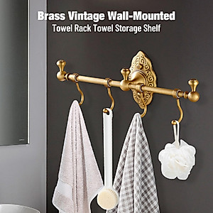 RustyVioum Wall Mounted Brass Towel Bar with 4 Hooks, European Retro Brass Towel Hook Rack, Hanger Hook Rack for Entryway Bathroom Bedroom, 14.17 * 2.95inch