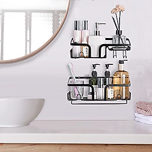 ST. BRIDGE 2 Pack Black Adhesive Shower Caddy, Shower Organizer Shelves No Drilling with Soap Holder, RustProof Stainless Steel Bathroom 11 Hanging Hooks Shower Racks Storage for Bathroom Kitchen