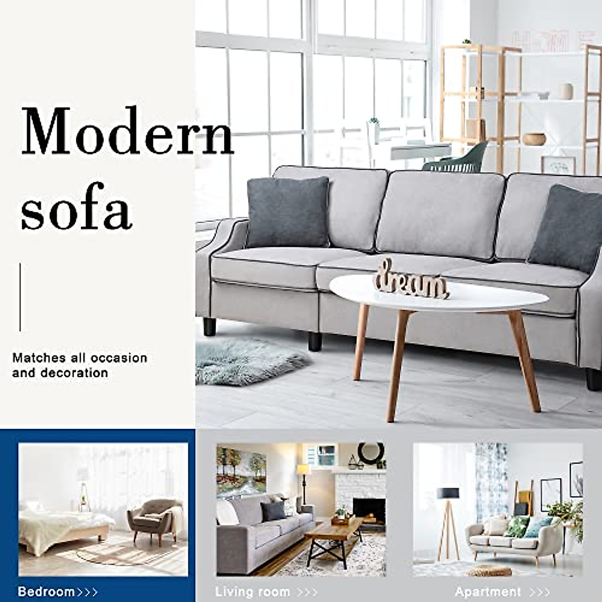 Shintenchi 79”Modern Fabric Sofa Couch,Mid Century Linen Upholstered Fabric 3-Seat Sofa Loveseat Furniture with Pillow for Small Living Room, Apartment,Studio and Small Space,Light Gray