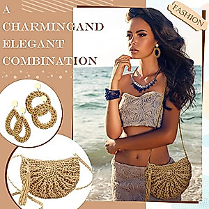 2 Pcs Women's Straw Clutch Purse and 2 Pairs Rattan Earrings Boho Straw Crossbody Purse Summer Woven Shoulder Bag Clutch Purse with Tassel Handmade Bohemian Earrings Hoop Drop Dangle Earrings