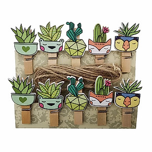 SaktopDeco 60 Counts Mini Cactus Wooden Clothespins with Jute Twine Small Floral Decorative Wood Peg Pin Craft Clips for Pictures Memo Card Photo