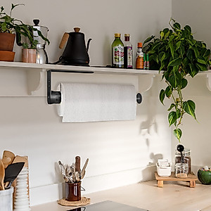 Paper Towel Holder Under Cabinet: Single Hand Operable Wall Mount Paper Towel Roll Holder with Damping Effect | Self-Adhesive or Screw for Kitchen | Bathroom (Black)