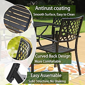 PHI VILLA Patio Dining Stackable Chairs, Outdoor Wrought Iron Furniture Set Bistro Chairs with Armrest,Black (Fishnet Pattern, 2 Set)