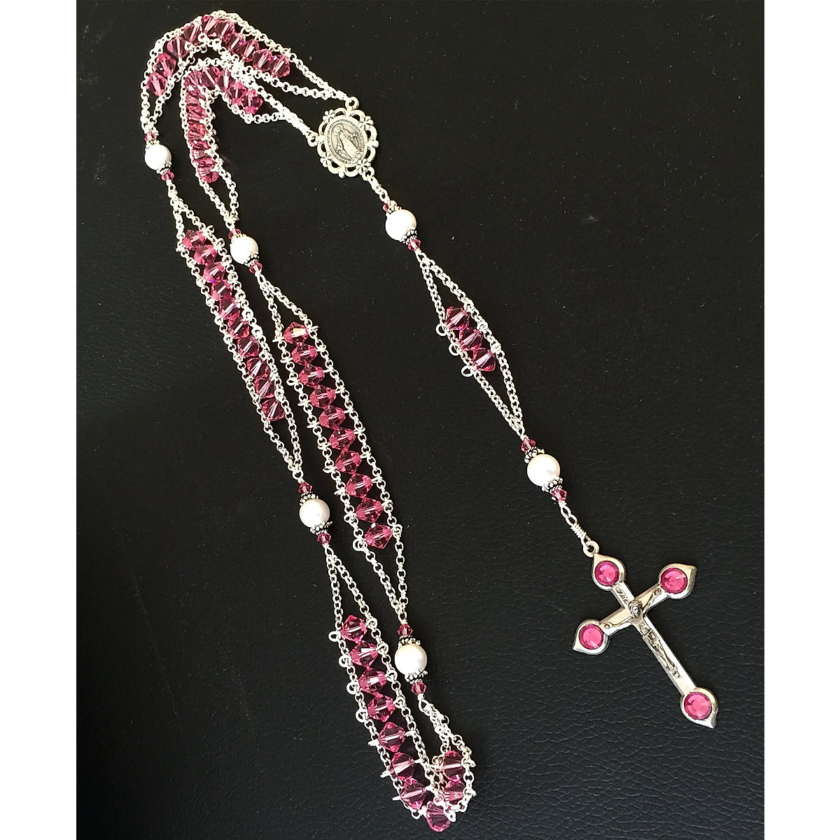 elegantmedical Ladder to Heaven Rose Pink Crystal & AAA10MM Real Pearl BEADS CATHOLIC ROSARY CROSS NECKLACE Sterling Silver beads caps