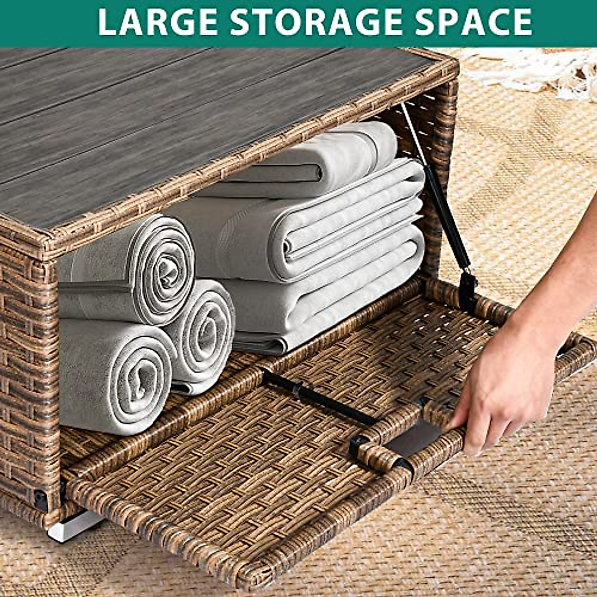 YITAHOME Patio Wicker Sofa Daybed Furniture Set with Retractable Canopy, Storable Side Table Outdoor Lounger with Soft Cushions for Backyard Porch (Light Brown + Beige)