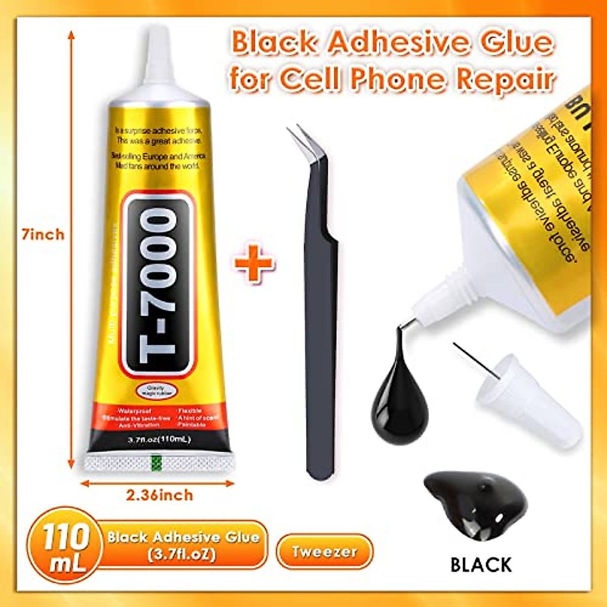 Upgrade T-7000 Black Adhesive Glue for Phone, Cridoz 110ml Waterproof Jewelry Glue Precision Craft Adhesive for Cell Phone Screen Repair Glass Wood Crafts Metal and Stones