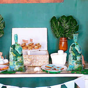 Fulmoon 100 Pieces Dinosaur Cellophane Bags Party Candy Dino Theme Birthday Goodie Treat with 150 Twist Ties for Supplies, 5 x 11 Inches, 250 Piece Set