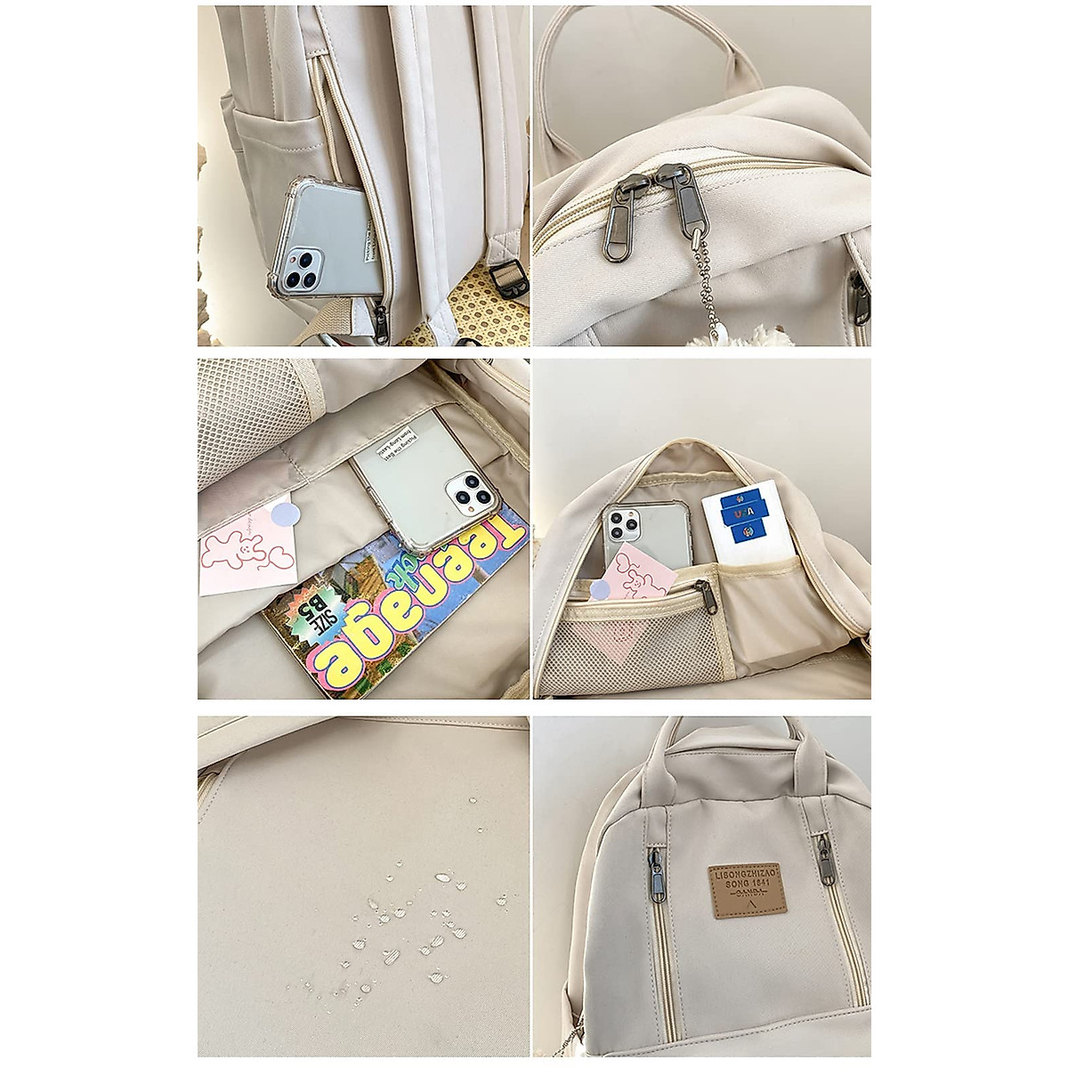 AONUOWE Preppy Backpack with Plushies Cute Backpack for Teen Girls Light Academia Bookbags Solid Aesthetic School Bag (White)