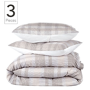 Nate Home by Nate Berkus 250TC Glen Plaid Duvet Cover Set | All-Season Cotton - Full/Queen Size - from mDesign - 3 Piece - Includes 1 Duvet Cover, 2 Pillow Shams, Pearl Multi (Cream/Beige)