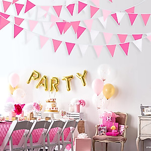 32Ft Rose Hot Pink Pennant Banner Fabric Triangle Flag Cotton Bunting Garland Kit for Wedding Birthday Baby Shower Anniversary Party Home Nursery Outdoor Garden Hanging Festivals Decoration (36Pcs)