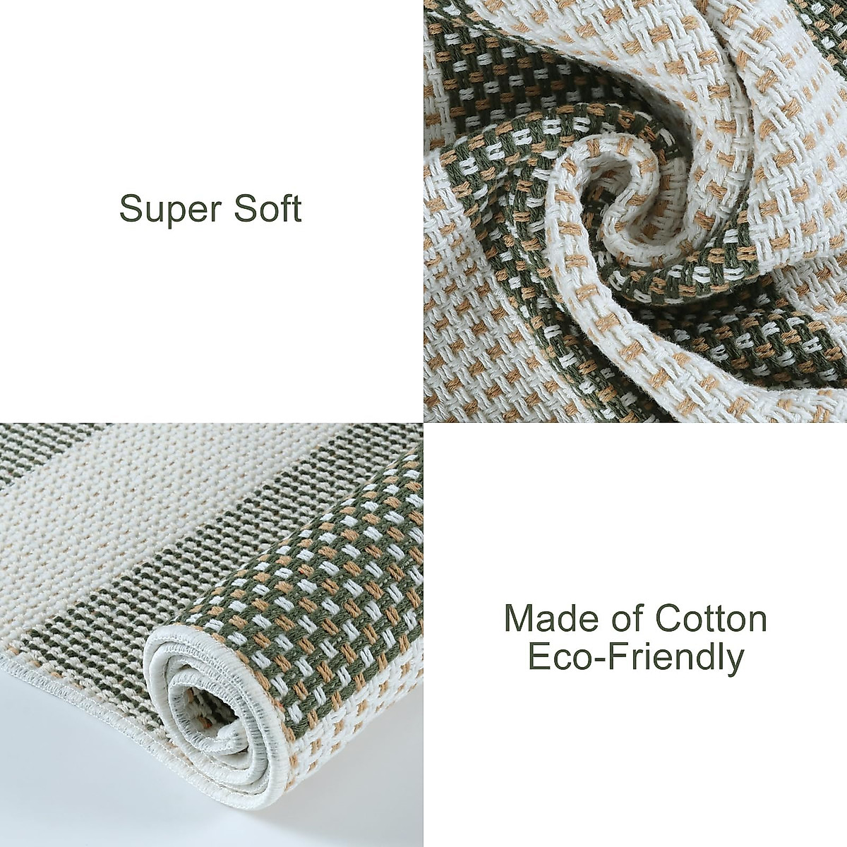 OJIA Green and White Striped Rug 24"x51" Washable Front Door Mat Hand Woven Entry Rug Cotton Indoor Outdoor Rug Small Checkered Rugs for Front Porch Kitchen Entryway Patio Bathroom