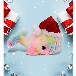 DolliBu Santa Large Rainbow Whale Stuffed Animal Plush Toy - Soft Wild Animal Dress Up with Red Santa Claus Hat, Cute Wildlife Gift, Perfect Holiday with Name Personalization - 9 Inches
