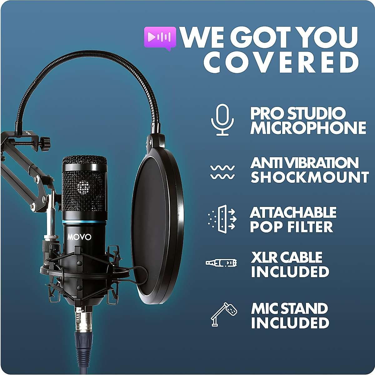 Movo PodPak4A 4-Pack Universal XLR Condenser Microphone Podcast Equipment Bundle for 4 - Includes Cardioid Mics, Desk Mount Stands, Shock Mounts, Pop Filters, and Audio Cables - Podcasting, YouTube