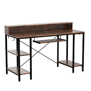 Rolanstar Computer Desk 55 inch with LED Lights & Power Outlets, Gaming Desk with Storage Shelves, Home Office Desk with Keyboard Tray, Writing Desk with Monitor Stand, Work Desk, Rustic Brown